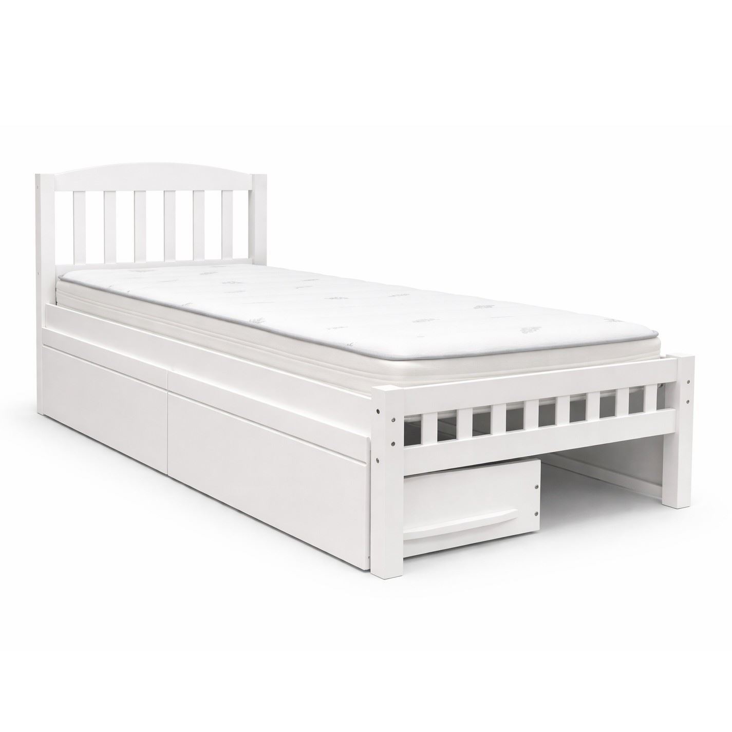 Miki Solid Hardwood Single Bed Trundle & Mattresses White