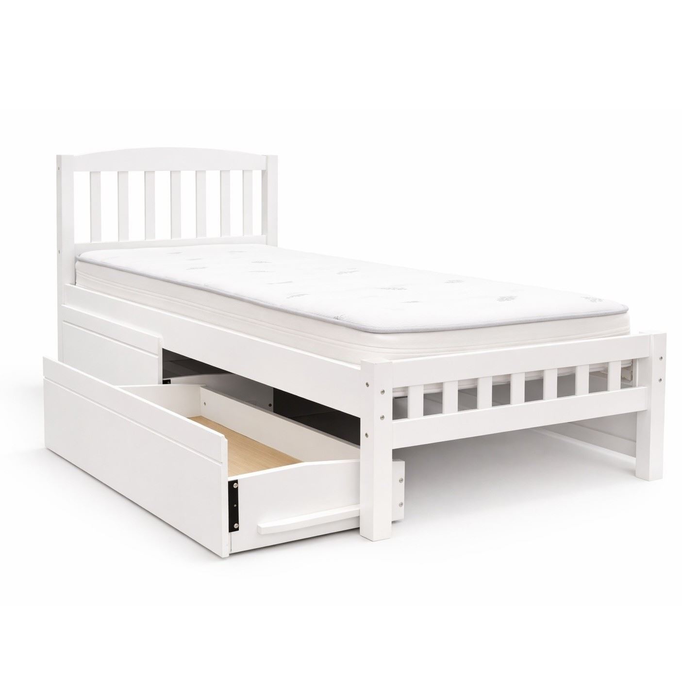 Miki Solid Hardwood Single Bed Trundle & Mattresses White