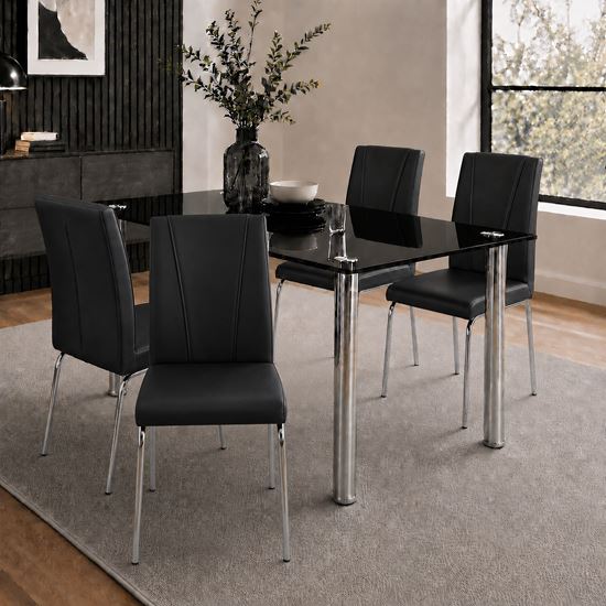 Melody / Leo 4-Seater 1500mm Black Glass Dining Set | Black PU Chairs