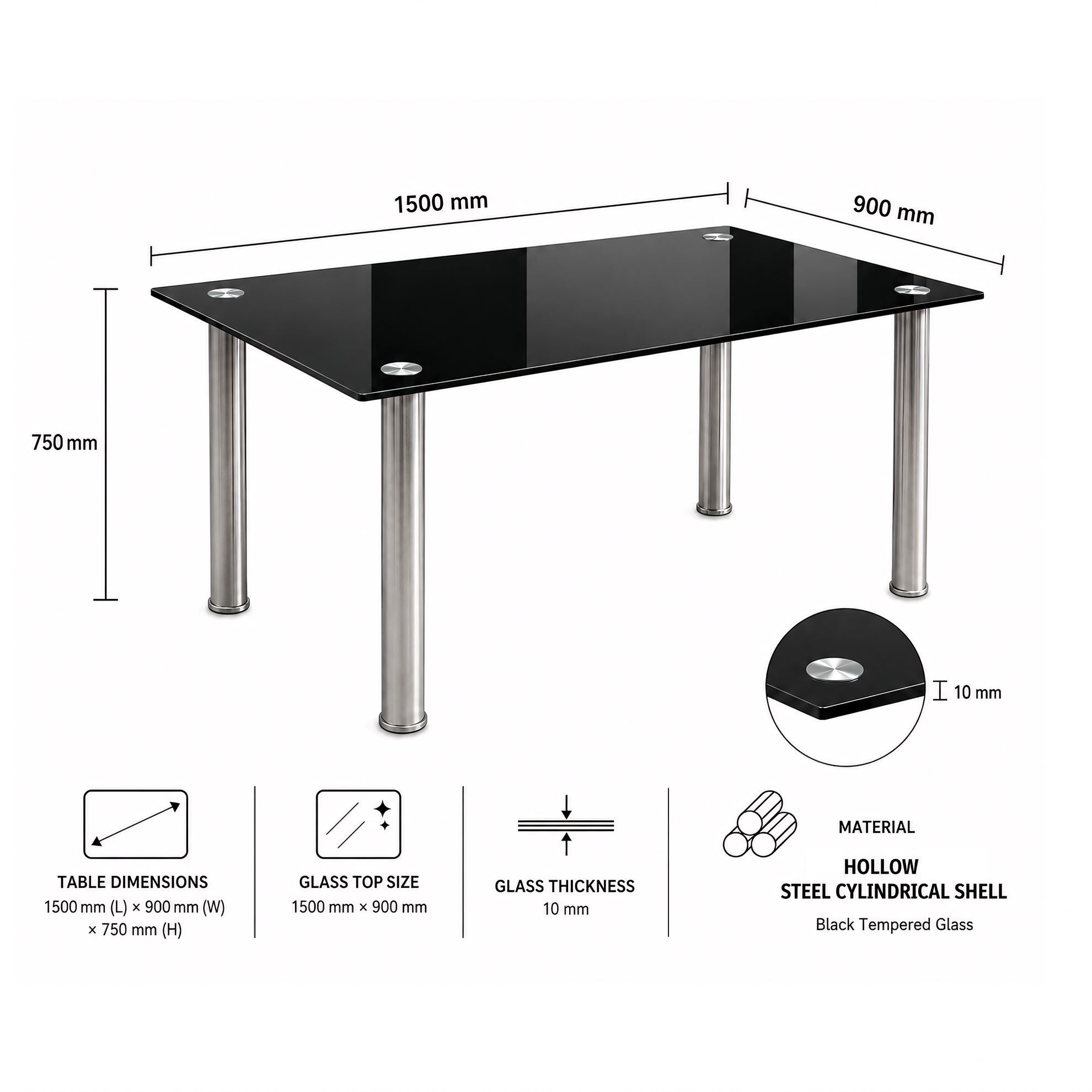 Melody / Leo 4-Seater 1500mm Black Glass Dining Set | Black PU Chairs