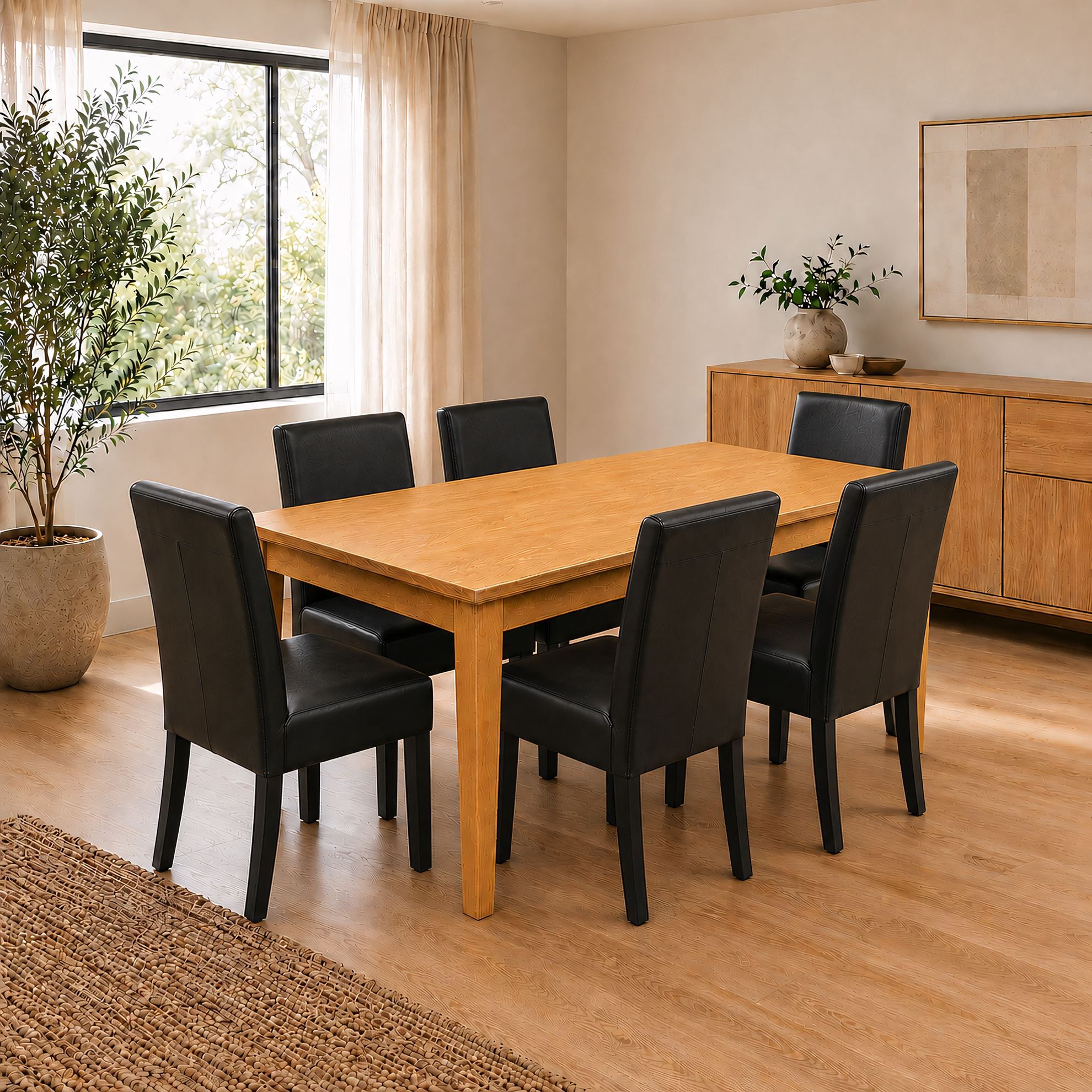 Alba / Zoe 1500mm Wooden Dining Set – Beech Colour | 6 Black PU Chairs